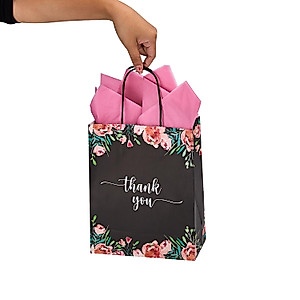 DjinnGlory 50 Pack Medium-Sized Floral Thank You Paper Gift Bags with Handles and Pink Tissue Paper for Boutiques, Weddings, Bridal Showers, Birthday Parties, 10x8x4 Inch (Black & Floral)
