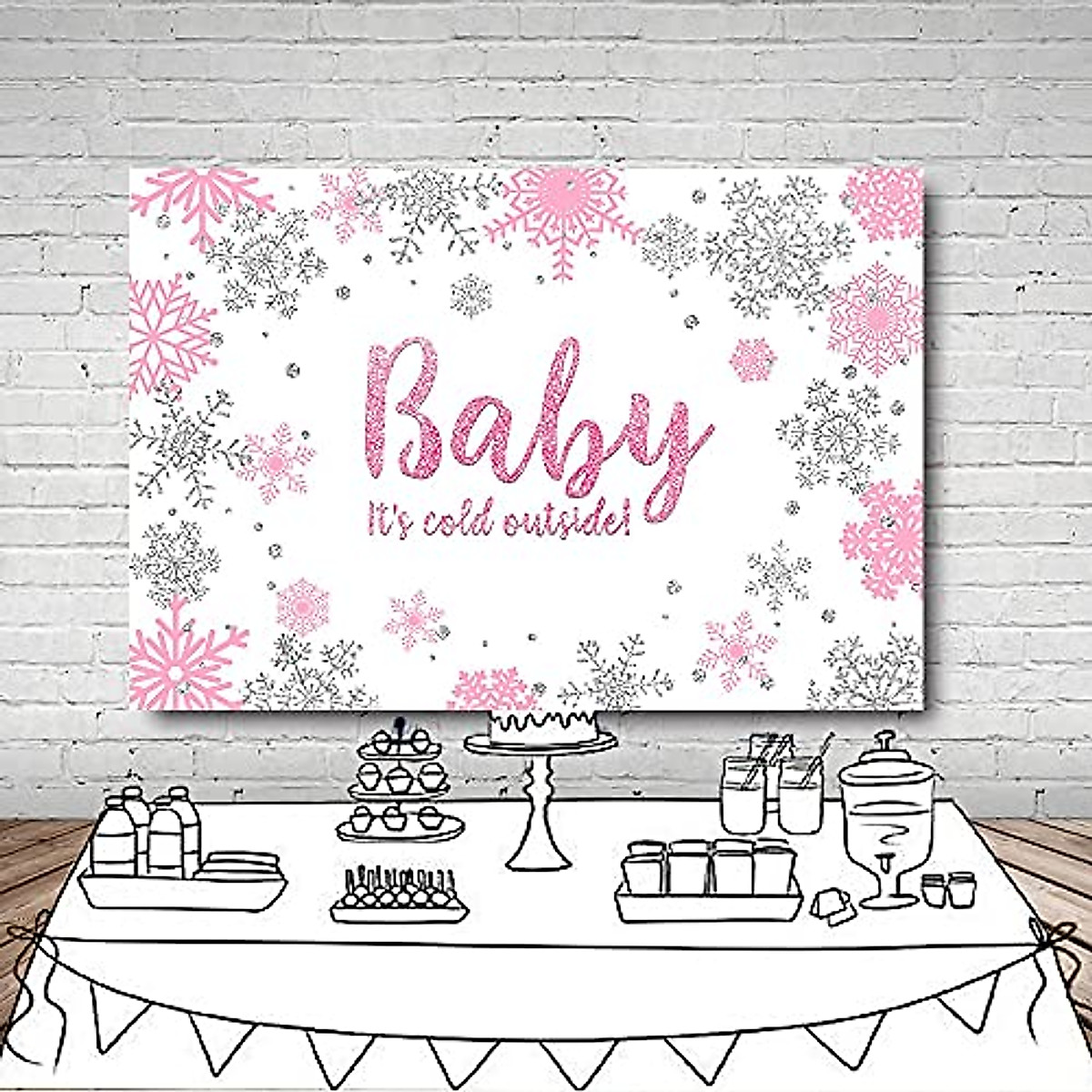 MEHOFOTO 8x6ft Winter Girl Baby Shower Photo Background Props Snowflakes Pink and Silver Backdrops Party Decoration Baby It's Cold Outside Photo Photo Banner for Dessert Table Supplies