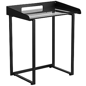 Flash Furniture Jayden Contemporary Clear Tempered Glass Desk with Raised Cable Management Border and Black Metal Frame