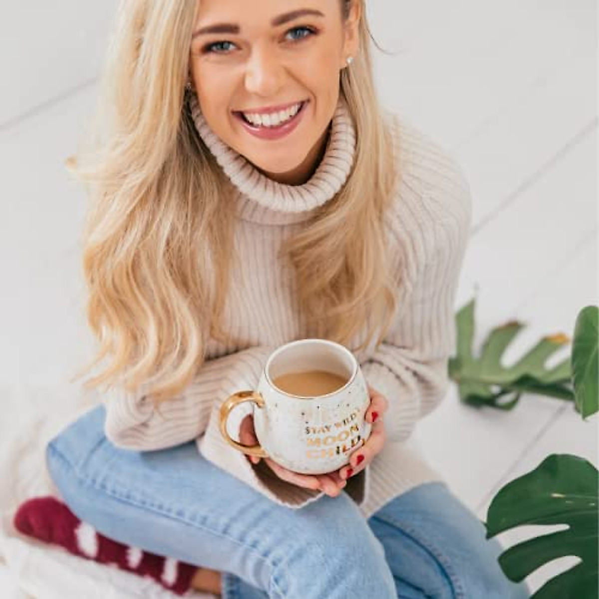 HOLY SANTO Fancy Coffee Mug Gift Set - Stay Wild Moon Child Witchy Mug with Crystal Spoon and Crystal Tea Infuser - Goth Novelty Mugs for Women Wife Mothers Day Witch Gifts, 500ml Ceramic Tea Cup