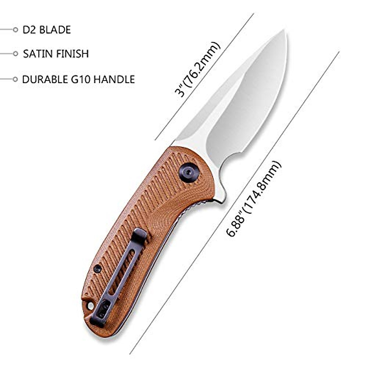 CIVIVI Durus Folding Pocket Knife –Everyday Carry Folder Knife with Satin D2 Blade G10 Handle, 3 Inch Flipper Knife with Liner Lock,Ball Bearing Pivot, Reversible Clip C906B (Brown)