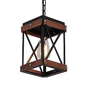 Fivess Lighting Rustic Farmhouse Pendant Light with Wood and Metal Cage, One-Light Adjustable Chains Industrial Mini Pendant Lighting Fixture for Kitchen Island Cafe Bar, Black