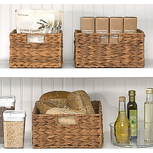 Home Fresh 3 Pack plastic Woven Farmhouse Kitchen Pantry Food Storage Organizer Basket Box - Container Organization for Cabinets, Cupboards, Shelves, Store PotatoesOnions,Countertops, Fruit, Brown