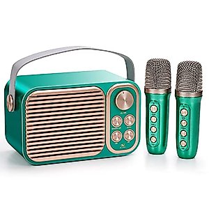 JIEFOCH Karaoke Machine for Kids & Adults, Portable Mini System with 2 Wireless Microphones & Bluetooth Connectivity,Sing Your Heart Out (Retro Green)