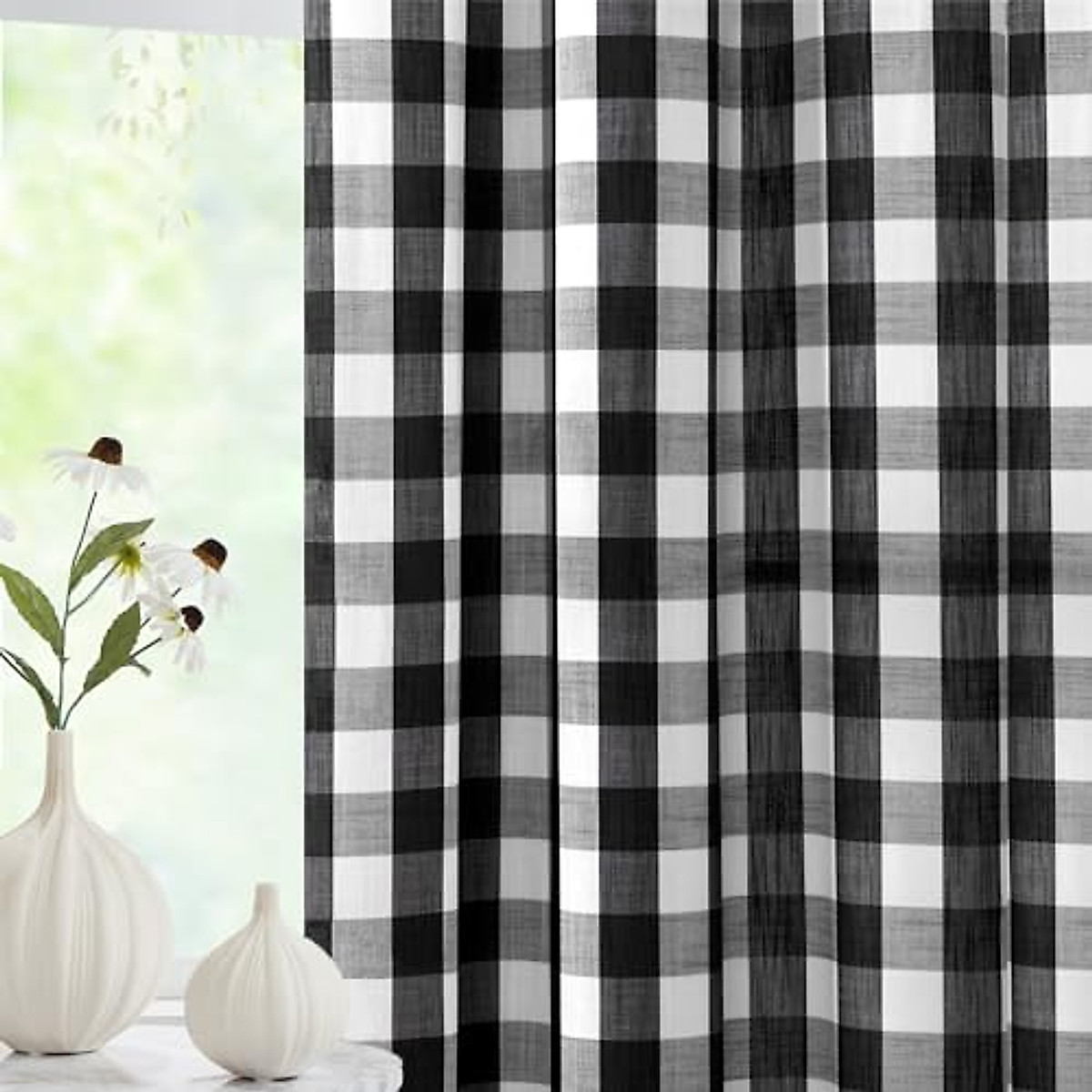 Jubilantex Black White Buffalo Check Semi Sheer Curtain Panels Gingham Plaid Textured Curtains Drapery,Farmhouse Grommet Window Drapes for Living Room Bedroom Kids Room,2 Panels,40"x63"
