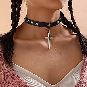 Black Pu Leather 4 Pcs Punk Leather Choker Gothic Accessories Collar for Women Adjustable Heart Cross Gothic Jewelry Gifts Masquerade (A)
