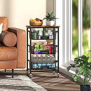 CHLORYARD 4-Tier Vegetable Fruit Basket Kitchen Storage Rolling Cart on Wheels with Pull-Out Baskets and Wood Top for Kitchen Diningroom Pantry