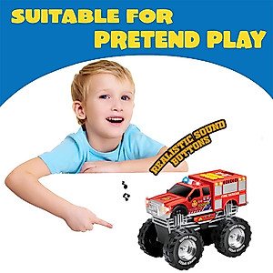 Liberty Imports Motorized Mighty Monster Truck Toy Kids, Electric Motor Vehicle with Big Wheels, Button Action, Sounds and Flashing Lights (Fire Engine)