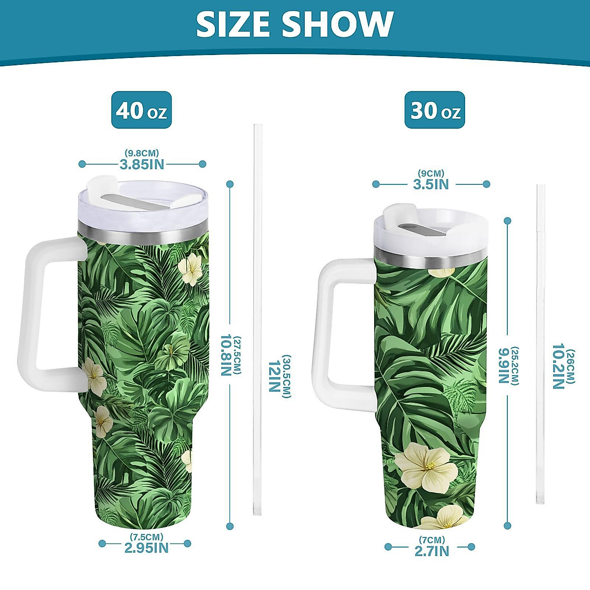 Slewiaeky Tumbler with Handle 40 oz Plant Palm Leaf Vintage Travel Mug with Lid and Straw Hibiscus Stainless Steel Vacuum Insulated Water Bottle Cup for Iced Tea Coffee Cold Beverages Cup Holder Frie