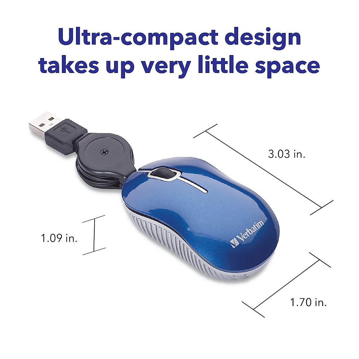 Verbatim Wired Optical Computer Mini USB-A Mouse - Plug & Play Corded Small Travel Mouse with Retractable Cable – Blue 98616