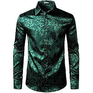 ZEROYAA Men's Luxury Jacquard Long Sleeve Dress Shirt Shiny Satin Slik Like Wedding Party Prom Shirts ZLCL27-Emerald Large