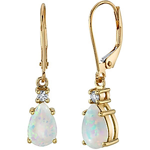 Peora 14K Yellow Gold Created White Fire Opal and Genuine Diamond Teardrop Leverback Earrings for Women, 2.10 Carats total Pear Shape 9x6mm, Dainty Fire Opal Jewelry, October Birthstone Earrings