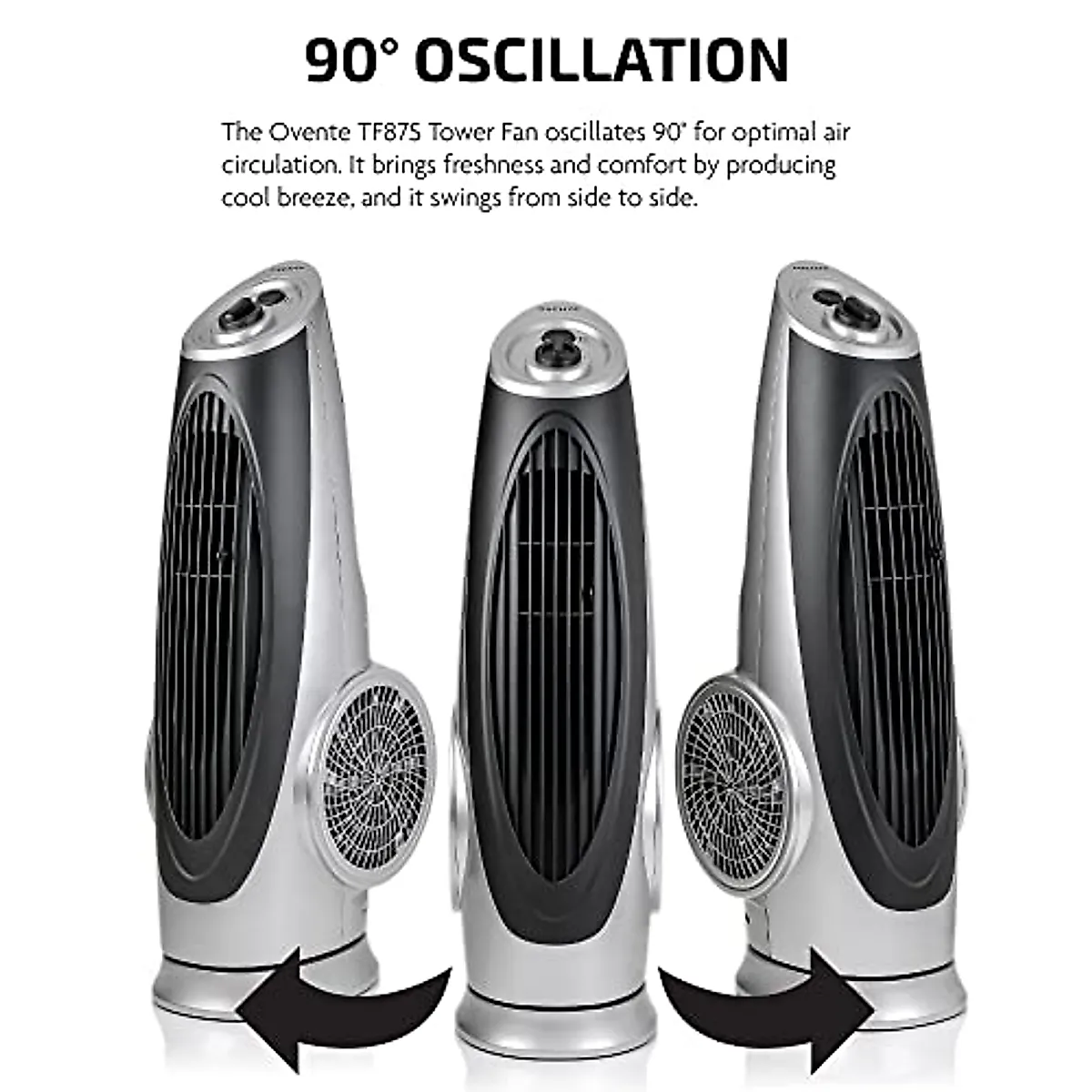 Ovente Portable Electric 30.4 Inch 90° Oscillating Tower Fan with 3 Speeds controlled by Manual Analog Knob with Low-Noise Technology Cool Air Breeze, Indoor, Bedroom, Home, Office, Silver TF87S
