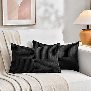 Fancy Homi 2 Packs Black Lumbar Decorative Throw Pillow Covers 12x20 Inch for Living Room Couch Bed Sofa, Rustic Farmhouse Boho Home Decor, Soft Striped Corduroy Rectangle Accent Cushion Case 30x50 cm