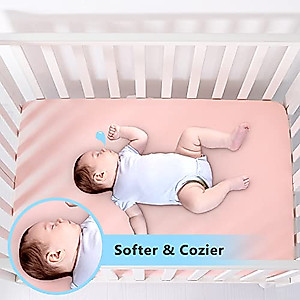 TILLYOU 2 Pack Mini Crib Fitted Sheets, Stretchy Soft Jersey Knit Portable Mini Pack n Play Playard, Playpen Bedding Sheet for Baby, Light Gray & Peachy Pink