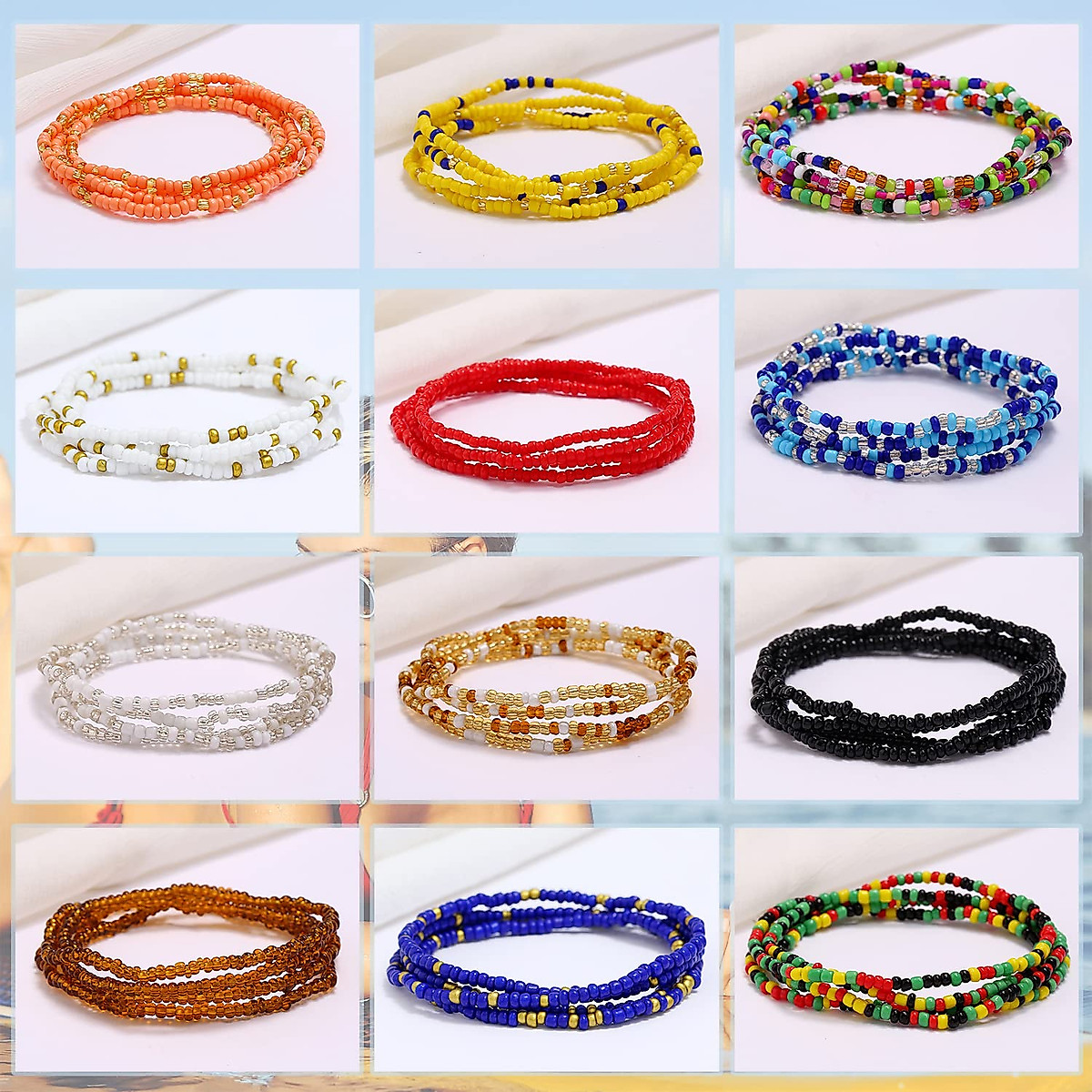 24 Pieces Waist Beads for Women Colorful Beaded Body Chain Elastic String Waist Chain Beach Bikini Belly Chains Summer Jewelry for Women