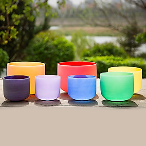 7"-12" 432Hz Chakra Tuned Set of 7 Colored Frosted Quartz Crystal Singing Bowl