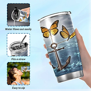 Monarch Butterflies Stainless Steel Tumbler Anchor Insulated Coffee Cups with Lid and Straw Travel Mug for Hot and Cold Drinks 20oz