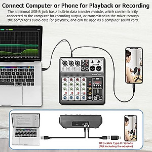 Aveek Professional Audio Mixer, Sound Board Mixing Console with 5 Channel Digital USB Bluetooth Reverb Delay Effect, Input 48V Phantom Power Stereo DJ Mixers for Recording, Live Streaming, Podcasting