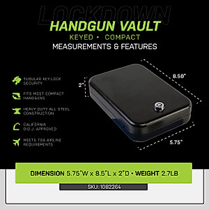 Lockdown Keyed Compact and Subcompact Handgun Vault with All Steel Construction, TSA Approval and CA DOJ Certification for Secure Storage and Travel