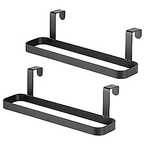 mDesign Modern Kitchen Over Cabinet Strong Steel Towel Bar Rack - Hang on Inside or Outside of Doors - Storage and Organization for Hand, Dish, Tea Towels - 2 Pack - Black