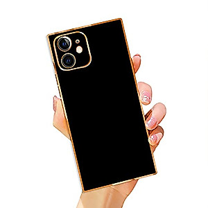 Omorro Square Case Compatible with iPhone 13 Pro Case for Women Girls Cute Candy Bright Luxury Gold Glitter Plating Edge Soft Slim TPU Gel Camera Lens Protective Girly Square Cover Case Black