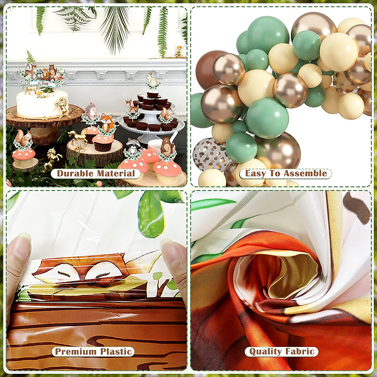 Woodland Animals Baby Shower Decoration Pack Forest Animal Neutral Gender Reveal Party Supplies Woodland Themed Birthday Party Ideas Set 106 Pcs Backdrop, Tablecloth, Cake Toppers, Balloons (Woodland