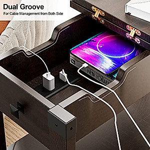 Narrow End Table with Charging Station, Flip Top Sofa Side Table with USB Ports and Outlets Farmhouse Nightstand with Storage Small Bedside Table for Bedroom Living Room Small Space