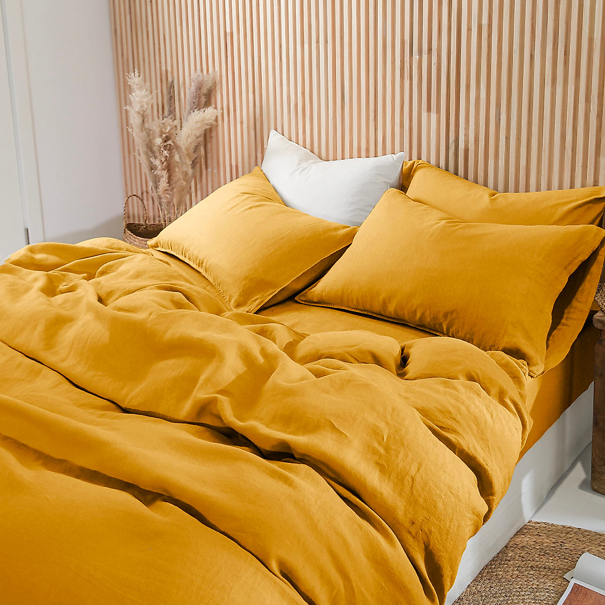 L Linen World Linen Duvet Cover Set 100% Stone Washed French Flax Pure Linen Duvet Covers Cooling Duvet Cover Queen Size Linen Bedding Set 1 Linen Duvet Cover 2 Pillowcases (Yellow,Queen)