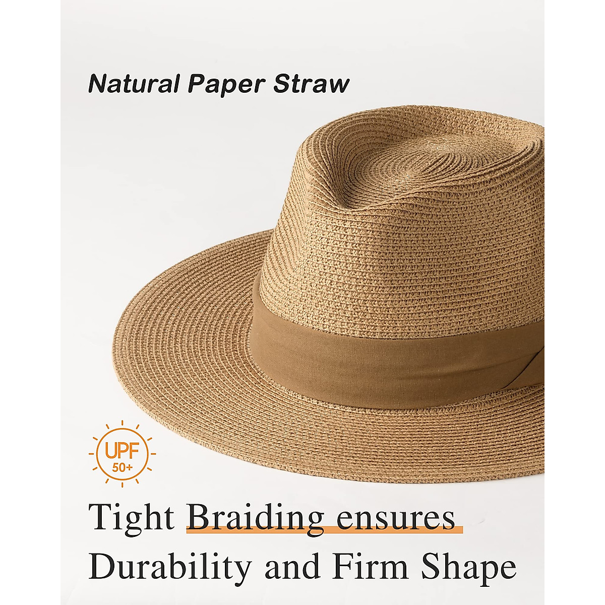 FURTALK Panama Hat Sun Hats for Women Men Wide Brim Fedora Straw Beach Hat UV UPF 50 Brown