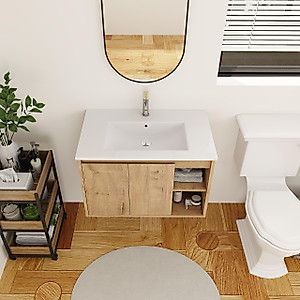 San Merah 30" Wall-Mounted Bathroom Vanity with Sink - Floating Single Door Cabinet & Right Shelf, Space-Saving Modern Design for Small Bathrooms, Ceramic Basin Combo