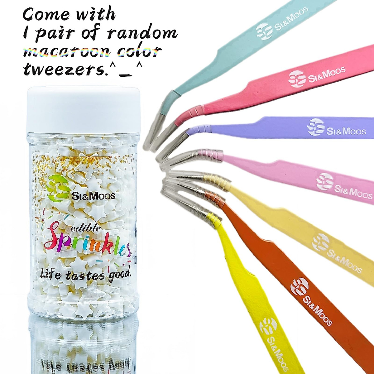 SE Si&Moos White Star Sprinkles Edible White Stars for Cake Decorating Star Icing Decorations Edible Stars Large and Small Christmas Cookie Decorations White Sprinkles for Cake,Cupcakes 3 OZ with Tweezers