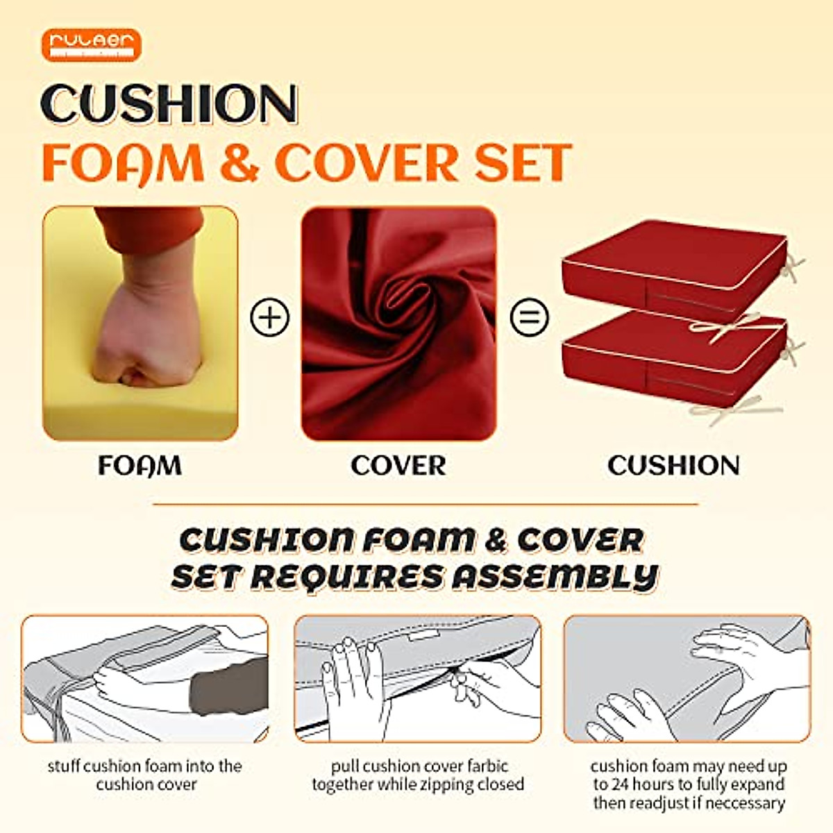 RULAER Patio Chair Cushion 20X20X4 Inch Outdoor Waterproof Seat Cushions Indoor Firm Yet Comfortable Square Dining Chair Pads Double Piping Washable Chair Pad (20x20x4（1pc）, Red)