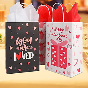 DIYASY Valentine's Day Paper Gift Bags with Tissue Paper,24 Pack Red Pink Heart Love Candy Present Bags with Handle for Wedding and Valentine Party Favors Gift Wrapping Supply