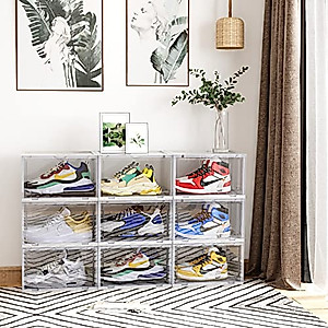 C&AHOME Clear Shoe Box, Clear Shoe Box Storage, Set of 3, Large Size Plastic Shoe Box with Magnetic Door, Shoe Organizer, Box Stackable for Display Sneakers, Fit Up to US Size 14'' Clear UCSBP03C