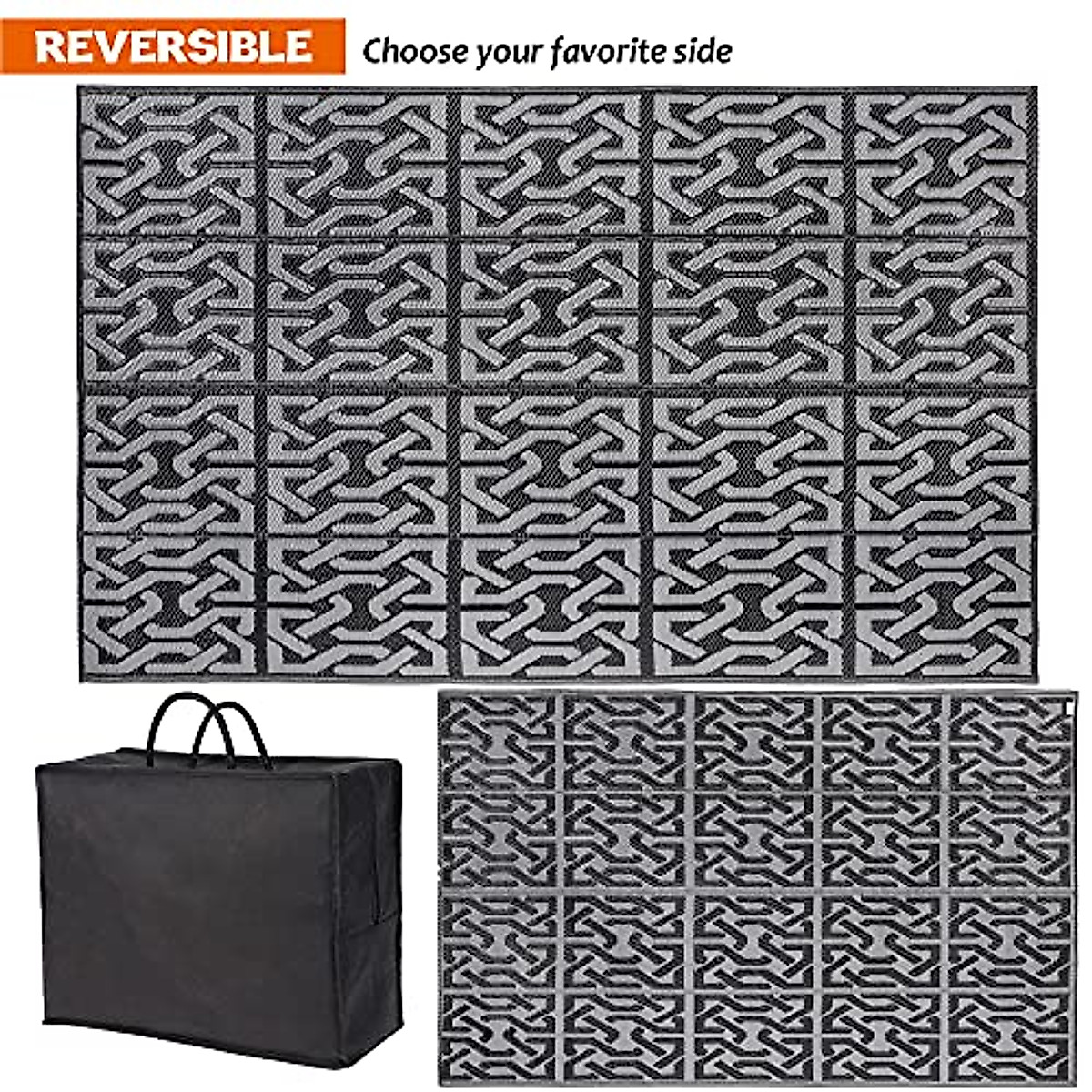 SAND MINE Reversible Mats, Plastic Straw Rug, Modern Area Rug, Large Floor Mat and Rug for Outdoors, RV, Patio, Backyard, Deck, Picnic, Beach, Trailer, Camping (5' x 8', Black & Grey)