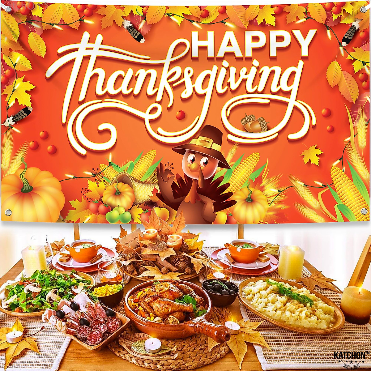 KatchOn, Happy Thanksgiving Banner - XtraLarge, 72x44 Inch | Happy Thanksgiving Backdrop, Thanksgiving Decorations Banner | Thanksgiving Party Decorations, Fall Decorations | Thanksgiving Wall Banner