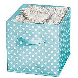 mDesign Soft Fabric Closet Storage Organizer Cube Bin Box, Handle - Storage for Baby Child/Kids Room, Nursery, Toy Room, Furniture Units, Shelf - 12.75" high - Turquoise Blue/White Polka Dots