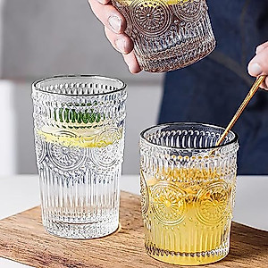 Vintage Drinking Glasses, Romantic Drinking Glasses Set of 8, 4 Highball Glasses 13 oz and 4 Rocks Glasses 9 oz, Textured Striped Drinking Glasses, Vintage Glassware Set for Juice, Beverages, Cocktail