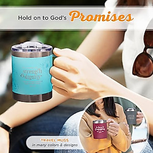 Christian Art Gifts Stainless Steel Double Wall Vacuum Insulated Camp Style Travel Mug 11 oz Floral Teal Coffee Mug with Lid and Handle for Women - Strength and Dignity - Proverbs 31:25