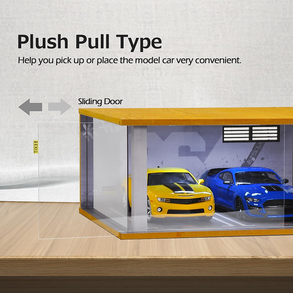 cxiiuui 1/18 Scale Display Case Car Garage Moldel with LED Light and Acrylic Cover Wooden Diecast Car Show Case 2 Parking Spaces Grey