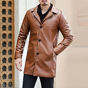 Maiyifu-GJ Men's Vintage Faux Leather Long Coat Retro Notch Lapel PU Trench Coat Casual Fleece Gothic Jacket Overcoat (Khaki,7X-Large)