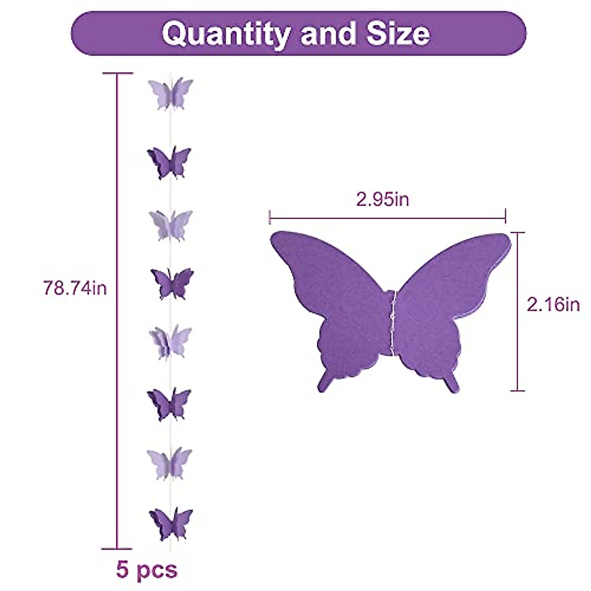 BEISHIDA 5Pcs Purple Lavender Butterfly Paper Garland Hanging Decorative Banner for Halloween Home Ceiling Decor Birthday Party Baby Shower Wedding Showcase Decoration Supplies Total 393 Inch Length