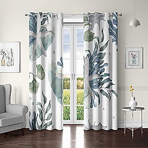 Nautical Coastal Window Curtain Beach Ocean Themed 50% Light Blocking Curtains Starfish Seaweed Room Darkening Curtains Grommet Window Drapes for Bedroom Living Room, 2 Panels, 52" x 63"