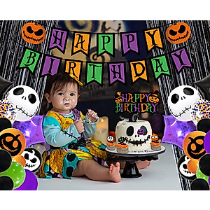 Halloween Birthday Party Decorations Banner 78PCS with Hppy Birthday Banner Balloons Cake Tooper Foil Curtains Halloween Themed Birthday Decorations for Kids First Birthday Decorations Party Supplies