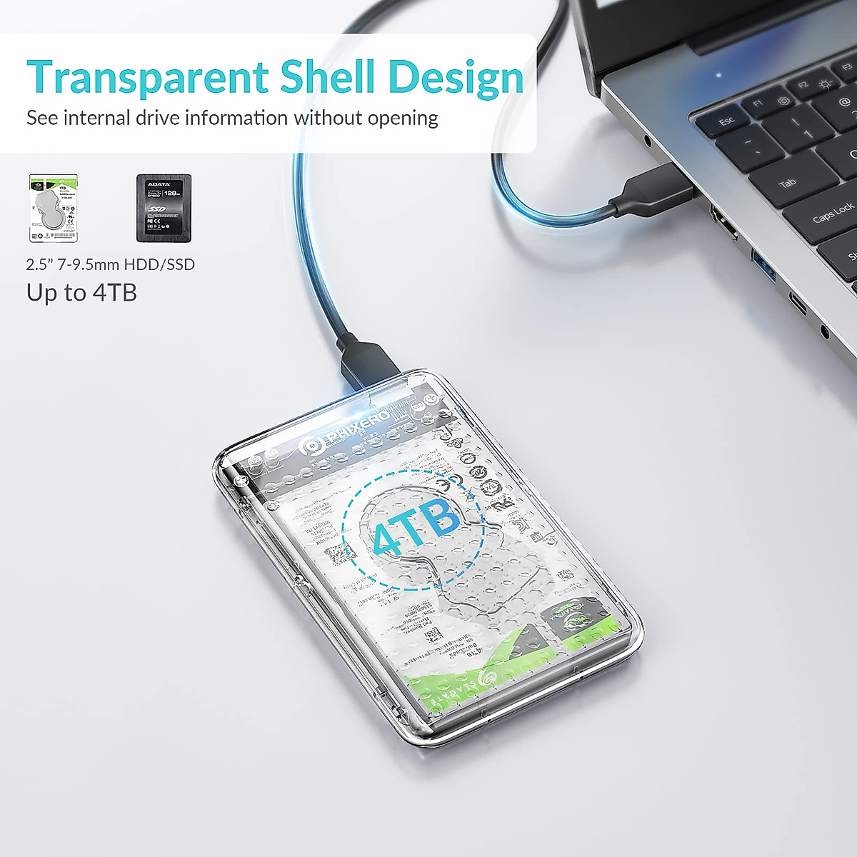 PHIXERO 2.5" Hard Drive Enclosure, 5Gbps USB 3.0 to SATA III Tool-Free External Hard Drive Enclosure for 2.5 inch 7mm/9.5mm SATA HDD & SSD [UASP Supported] Transparent