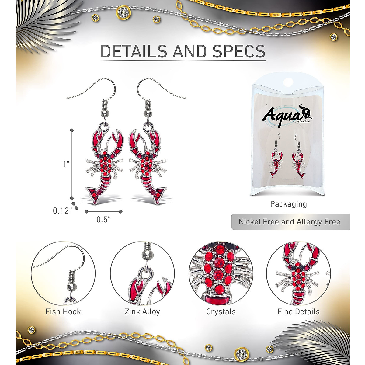 Aqua79 Red Lobster Silver Dangle Earrings - Fashion Jewelry Rhinestone Earring Hook Silver Jewelry, Zinc Alloy Fish Hook Earrings, Cute Earrings Perfect Summer Accessories for Women - 1 Inch