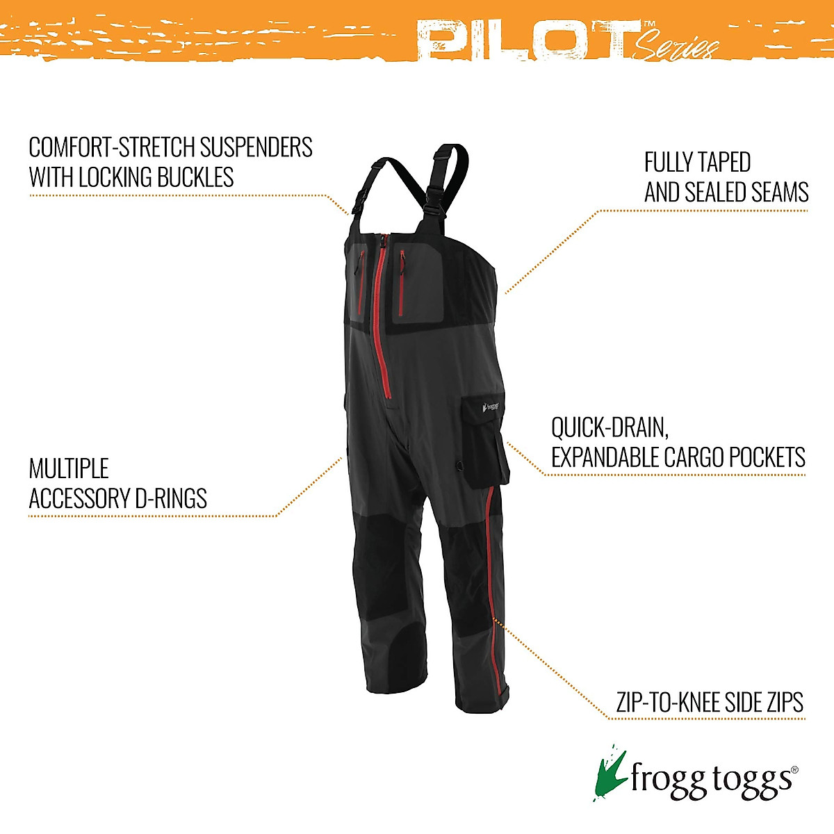 FROGG TOGGS Men's Pilot II Guide Waterproof Breathable Rain Bib, X-Large, Black/Charcoal