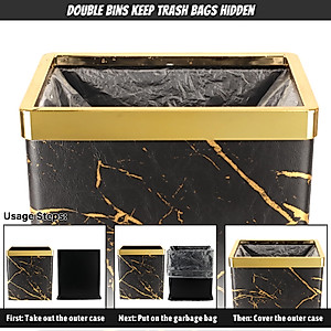 Bathroom Trash Can, 2.6 Gallon Gold Pretty Waste Basket Double-layer Metal Garbage Can, Small Open Marble Trash Can, Cool Trash Bin for Bathroom, Kitchen, Bedroom, Office, Toilet, Hotel, Under Counter