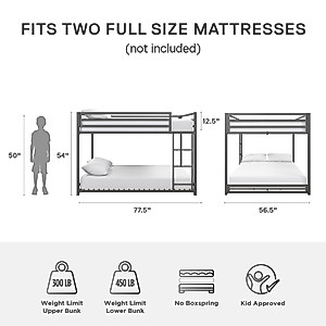 DHP Miles Low Metal Bunk Bed Frame for Kids, With Built-in Ladder, High Guardrail and Metal Slats, Floor Bed Bottom Bunk, No Boxspring Required, For Small Spaces, Full-Over-Full, Silver